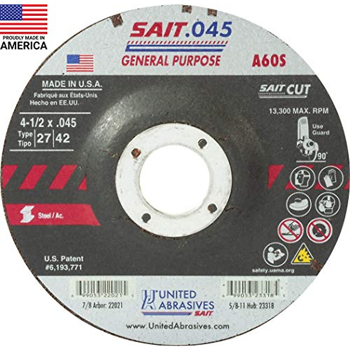 United Abrasives-SAIT 22021 A60S General Purpose Cut-Off Wheels (Type 27/Type 42 Depressed Center) 4 1/2" x .045" x 7/8", 50-Pack
