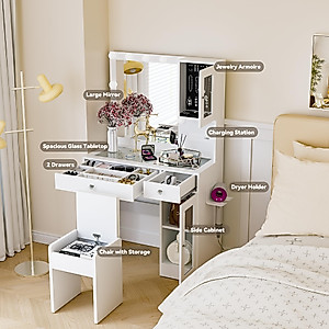 Jaojcoe Makeup Vanity Desk with Lights Mirror, White Vanity with Glass Top & 2 Drawers & 2-Tier Cabinet, 3 Light Settings & Charging Station & Upholstered Stool Dressing Table for Bedroom