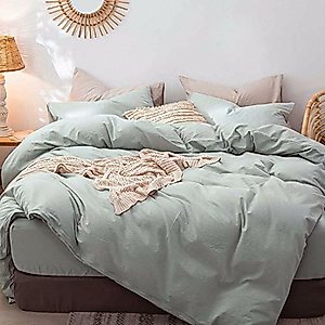 MooMee Bedding Duvet Cover Set 100% Washed Cotton Linen Like Textured Breathable Durable Soft Comfy (Sage Green, Queen)