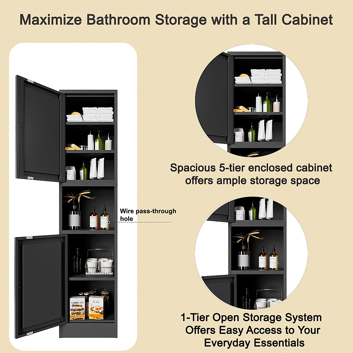 Boegica 67" Tall Metal Bathroom Storage Cabinet,6-Tier Freestanding Linen Tower Cabinet with 2 Doors and 1 Open Compartment,Narrow Slim Bathroom Floor Cabinet for Small Spaces,Modern,Black