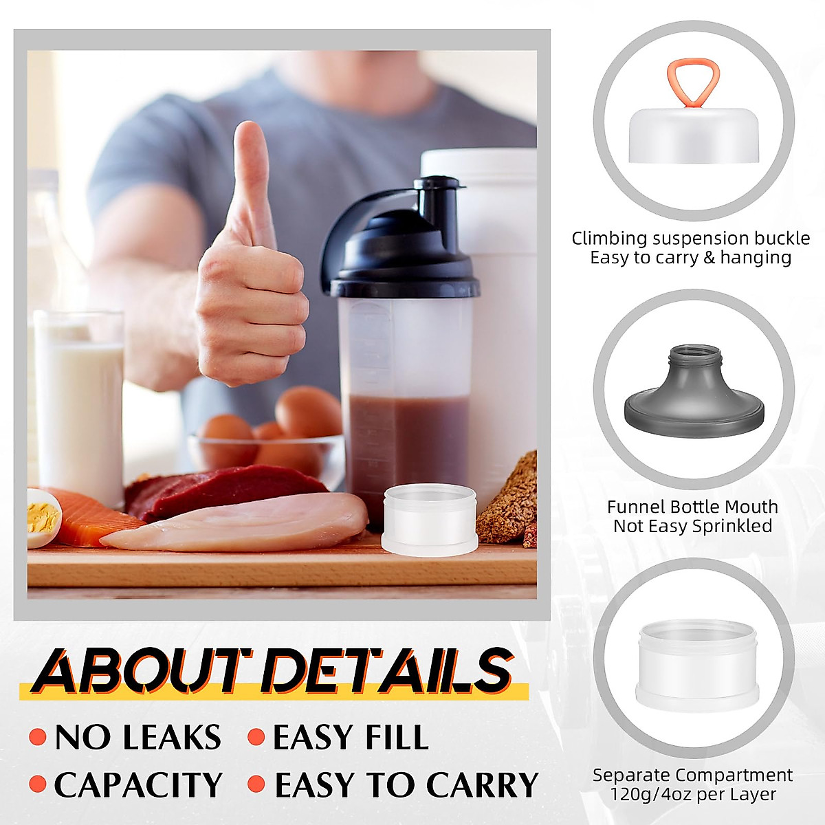 Baderke 4 Pcs Protein Powder Container 5 Layers Stackable Leakproof Container Powder Dispenser with Funnels Stand Keychain Flour Container for Workout Fitness(Gray, White)