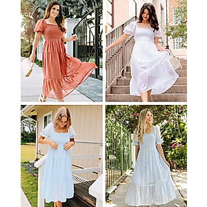 MEROKEETY Women's 2023 Summer Casual Bubble Sleeve Smocked Boho A-Line Pleated Chiffon Dresses, Blue, L