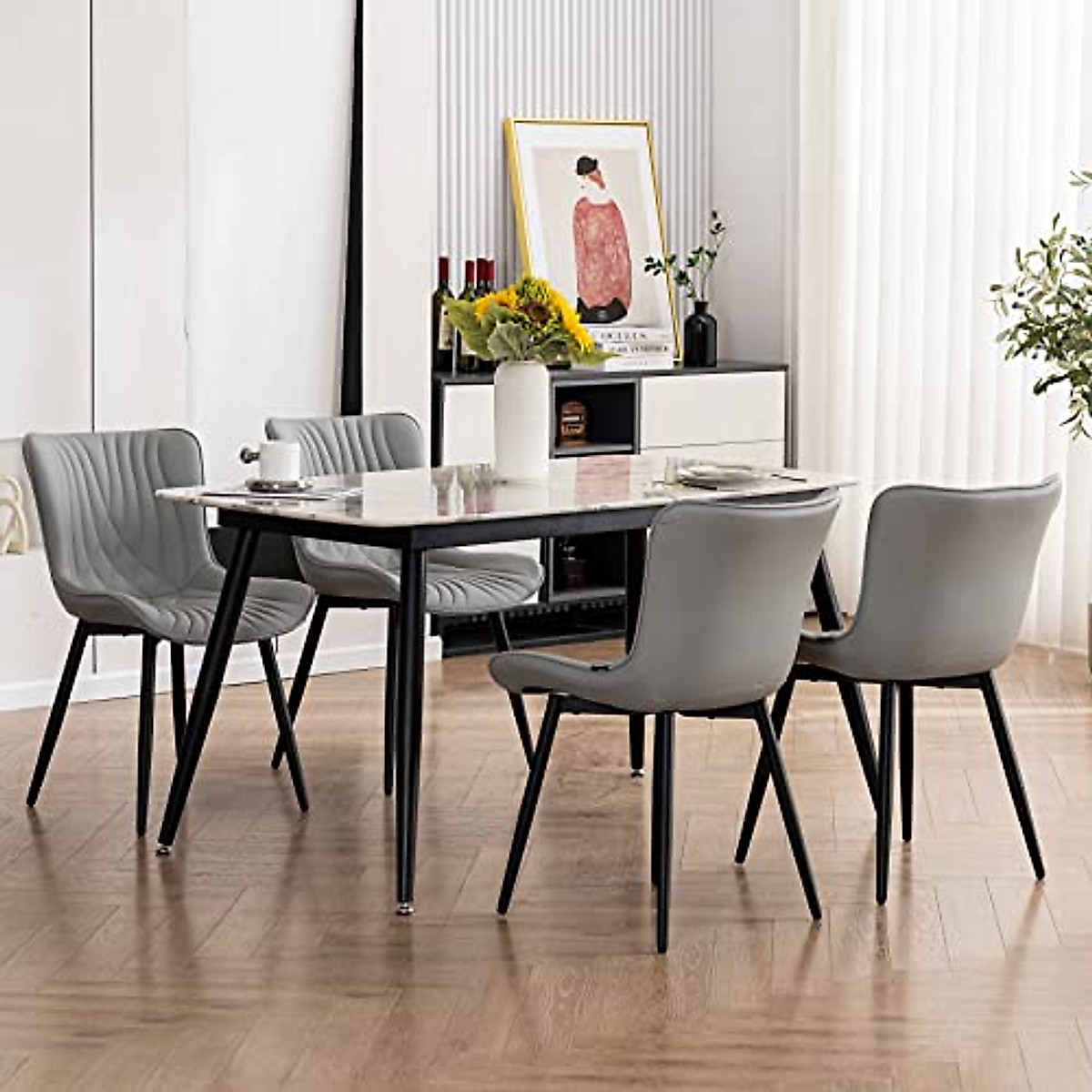 YOUTASTE Grey Dining Chairs Set of 2 Faux Leather Upholstered Kitchen Dining Room Chairs Mid Century Modern Metal Legs Chairs High Back for Kitchen Restaurant Living Room Bedrooms