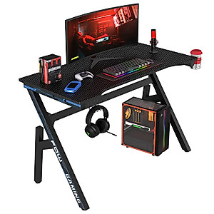 BestOffice Gaming Desk Computer Desk 47"x 23" Home Office Desk Extra Large Modern Ergonomic Black PC Carbon Fiber Table Gamer Workstation with Cup Holder Headphone Hook,Blue