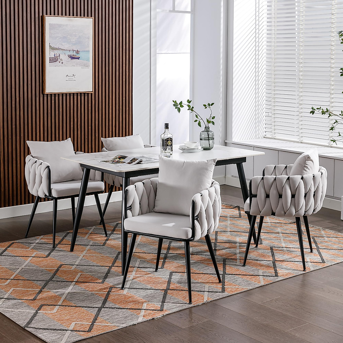 Gecheer Pure Ivory Modern Velvet Dining Chairs Set of 2 Hand Weaving Accent Chairs Living Room Chairs Upholstered Side Chair with Black Metal Legs for Dining Room Kitchen Vanity Living Room