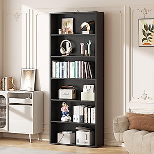 Vongrasig 6-Tier Open Bookcase and Bookshelf, Floor Standing Wood Display Storage Shelves 71 Inch Tall Bookcase Home Decor Furniture for Home Office, Living Room, Bed Room, Black