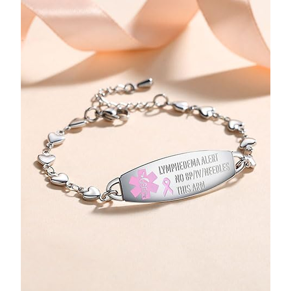 LinnaLove Heart Medical alert bracelet for Women Fashion Medical ID bracelets with Free engraving（Rose gold-NO BP/IV/NEEDLES THIS ARM ）