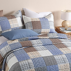 Secgo Queen Comforter Set for Bed - 100% Cotton Quilts Queen Size, Bule, Plaid Bedspreads (90 * 98 Inch) with 2 Pillow Shams, Patchwork Reversible Lightweight Bedding