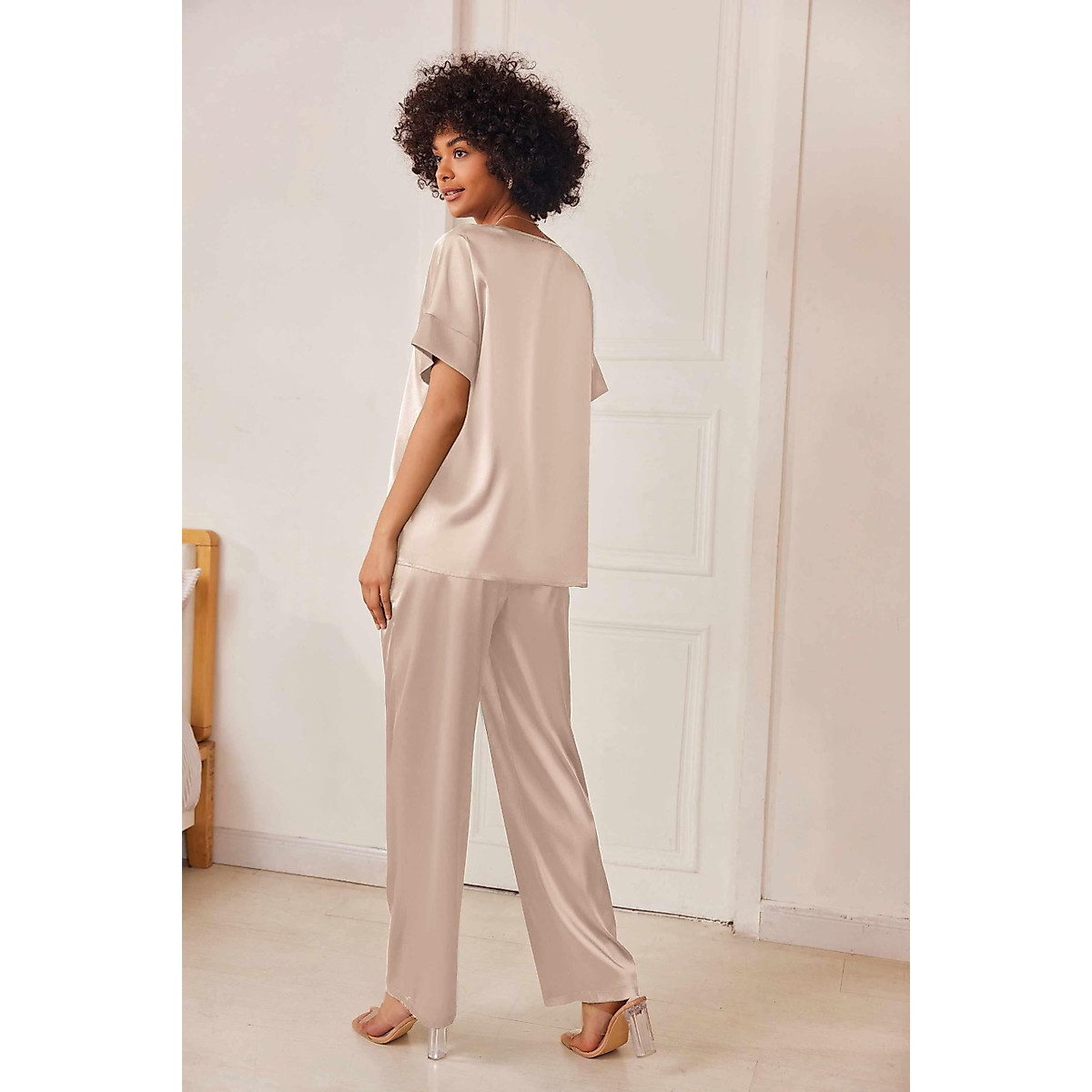 Ekouaer Satin Pajama Set Womens Silk Short Sleeve V Neck Shirt with Long Pant Soft Loungewear Pjs Set Champagne