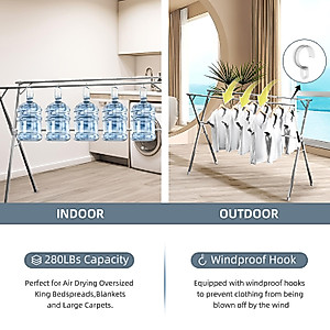 Unkqan Clothes Drying Rack,Heavy Duty Stainless Steel Garment Rack,Adjustable and Foldable Laundry Drying Rack for Indoor Outdoor Drying Rack Clothing with 20 Windproof Hooks (Silver, 79")