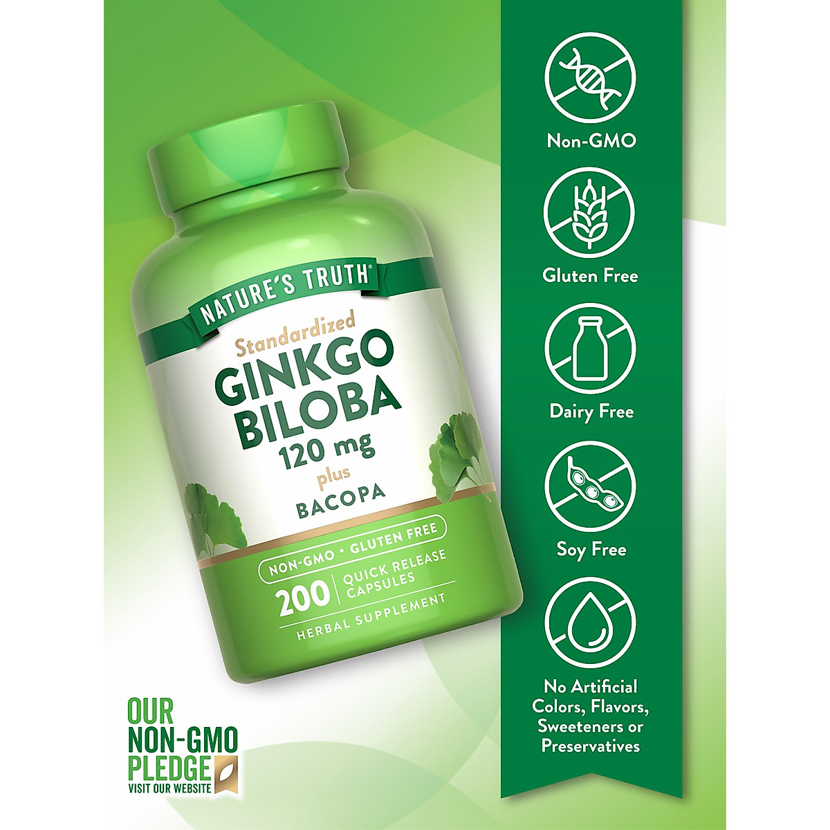 Nature's Truth Ginkgo Biloba 120mg | Plus Bacopa | 200 Quick Release Capsules | Standardized Extract | Non-GMO and Gluten Free Supplement