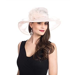 Lucky Leaf Women Church Cap Wide Brim Summer Sun Hat for Party Wedding(Beige)