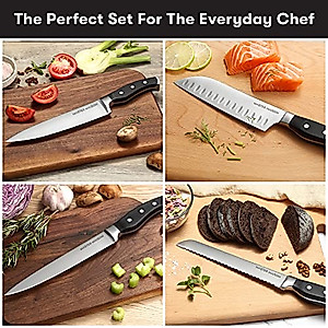 19-Piece Kitchen Knife Set With Wooden Knife Block - German Stainless Steel Knife Set for Kitchen with Block, Paring, Chefs, Santoku, Carving, Utility & 8 Steak Knives - Knife Sharpener & Shears