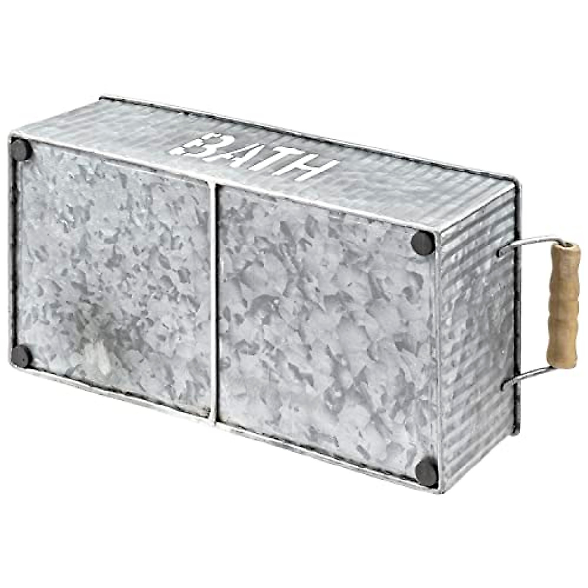 MyGift Currogated Galvanized Metal Rectangular Storage Basket with Wooden Handles, Bathroom Toiletries Holder, Organizer Bin with Bath Cutout Label