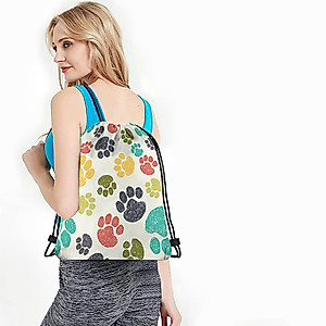 Beabes Paw Pattern Drawstring Bags Backpack Bag Cute Colorful Hand Drawn Doodle Prints Pet Puppy Footprint Drawing Sport Gym Sack Drawstring Bag String Bag Yoga Bag for Men Women