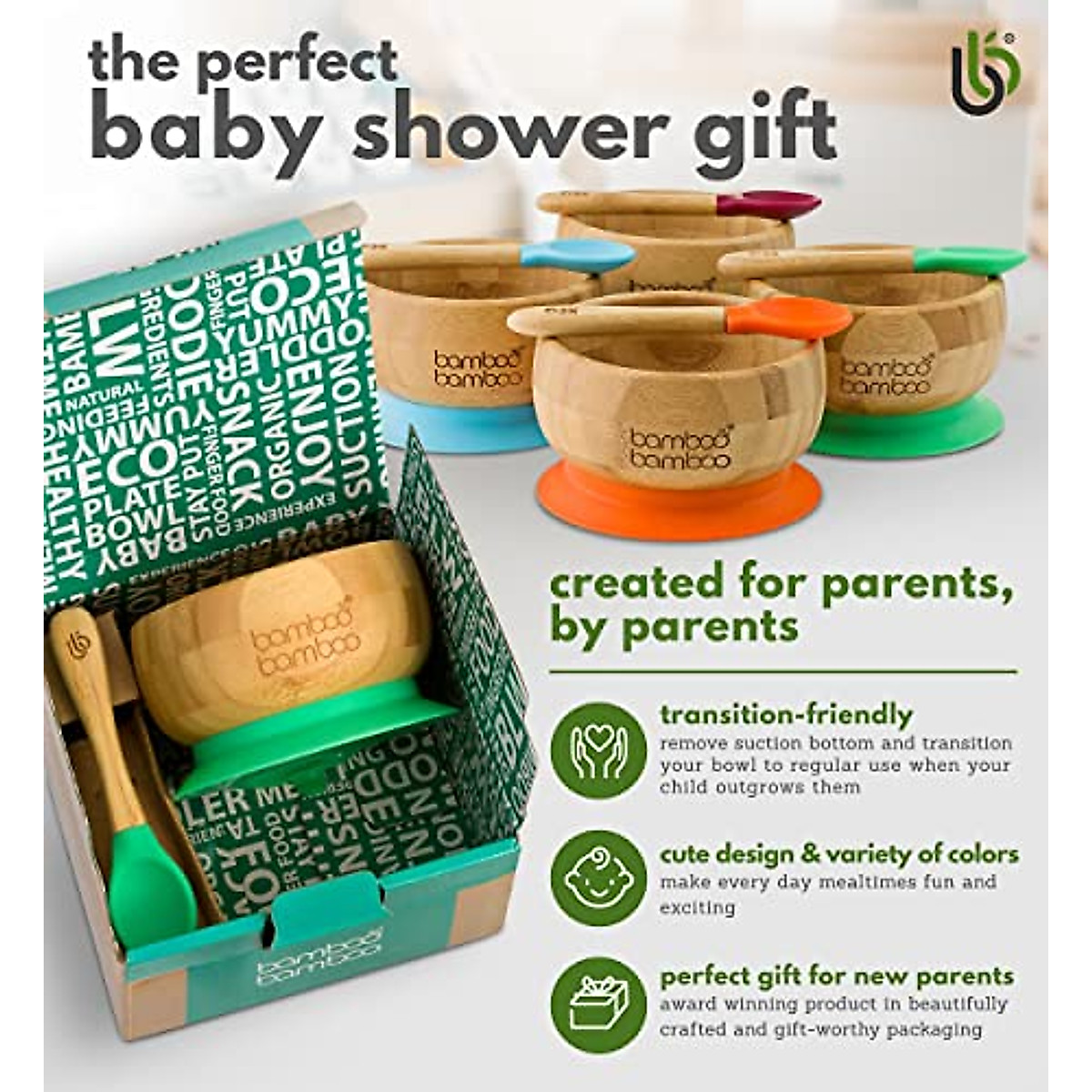 bamboo bamboo ® Suction Bowl for Baby – Bamboo Baby Bowl and Spoon Set with Removable Silicone Suction Cup for Kids | 11.8oz | Non-Toxic | Cool to The Touch | Ideal for Baby-Led Weaning (Green)