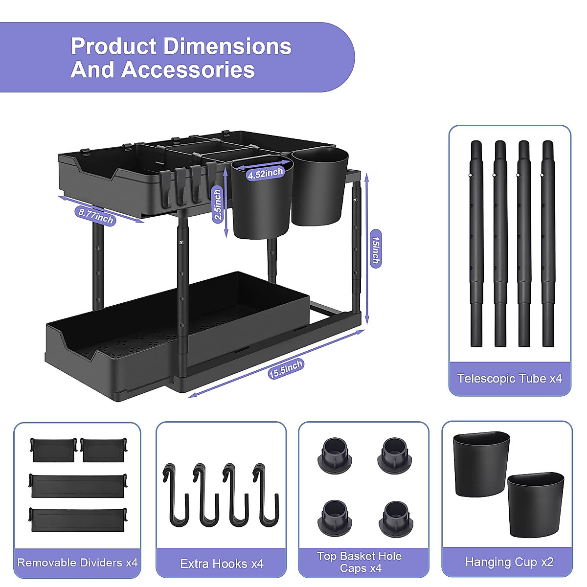 FM Royal Brand Under Sink Organizer - Double Slider Cabinet Organizer for Kitchen, Bathroom & Laundry Room Storage - Includes 2 BPA Drawers, 4 Adjustable Feet, 2 Cups, 4 Hanging Hooks, Divider