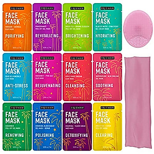 FREEMAN Facial Love To Mask Variety Pack: Oil Absorbing Clay, Detoxifying Charcoal, Clearing Peel Off, Hydrating Gel Cream, Exfoliating Scrub, 14 Piece Kit with Bonus Buffer and Headband