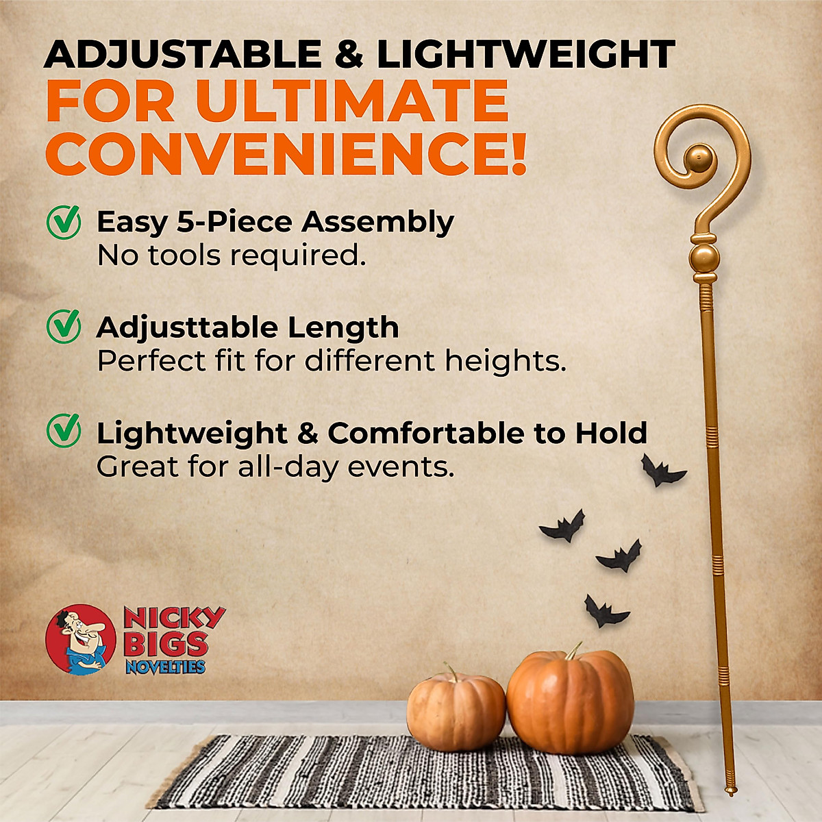 Nicky Bigs Novelties Adult Gold Saint Nicholas Shepherd Staff - Priest Pope Bishop Crosier Stick - Halloween Easter Costume Accessory Prop, Gold, One Size