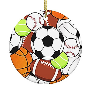 Sports Ball Print Christmas Tree Ceramic Hanging Round Shaped Xmas Tree Pendants Gatherings Party Deco