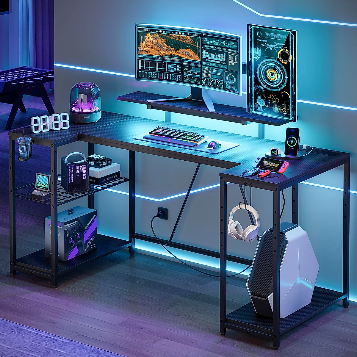 Bestier Gaming Desk with LED Lights & Power Outlets, 63 inch U Shaped Computer Desk with Monitor Stand & Storage Shelves, PC Desk with Cup Holder & Hook for Home Office, Black 3D Carbon Fiber