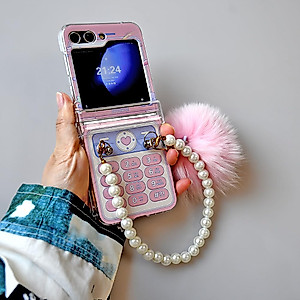 GO-VOLMON Cute Case for Galaxy Z Flip 5 for Grils, Pearl Strap Case for Z Flip 5 with Fluffy Pompon, Woman Wristband Case for Galaxy Z Flip 5 with Pink Phone Print and Furry Ball