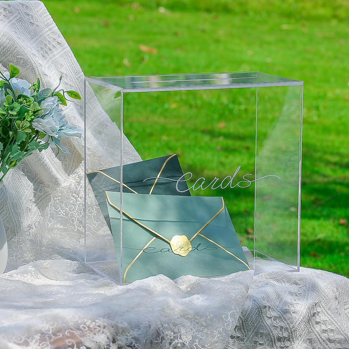 TINYFUTURE Acrylic Card Box with Light & Slot for Envelopes. 10"x10"x6" Thick Gift Box, Perfect for Reception Decoration Fundraiser Money Box Election Ballot Graduation Keepsake Party Favor