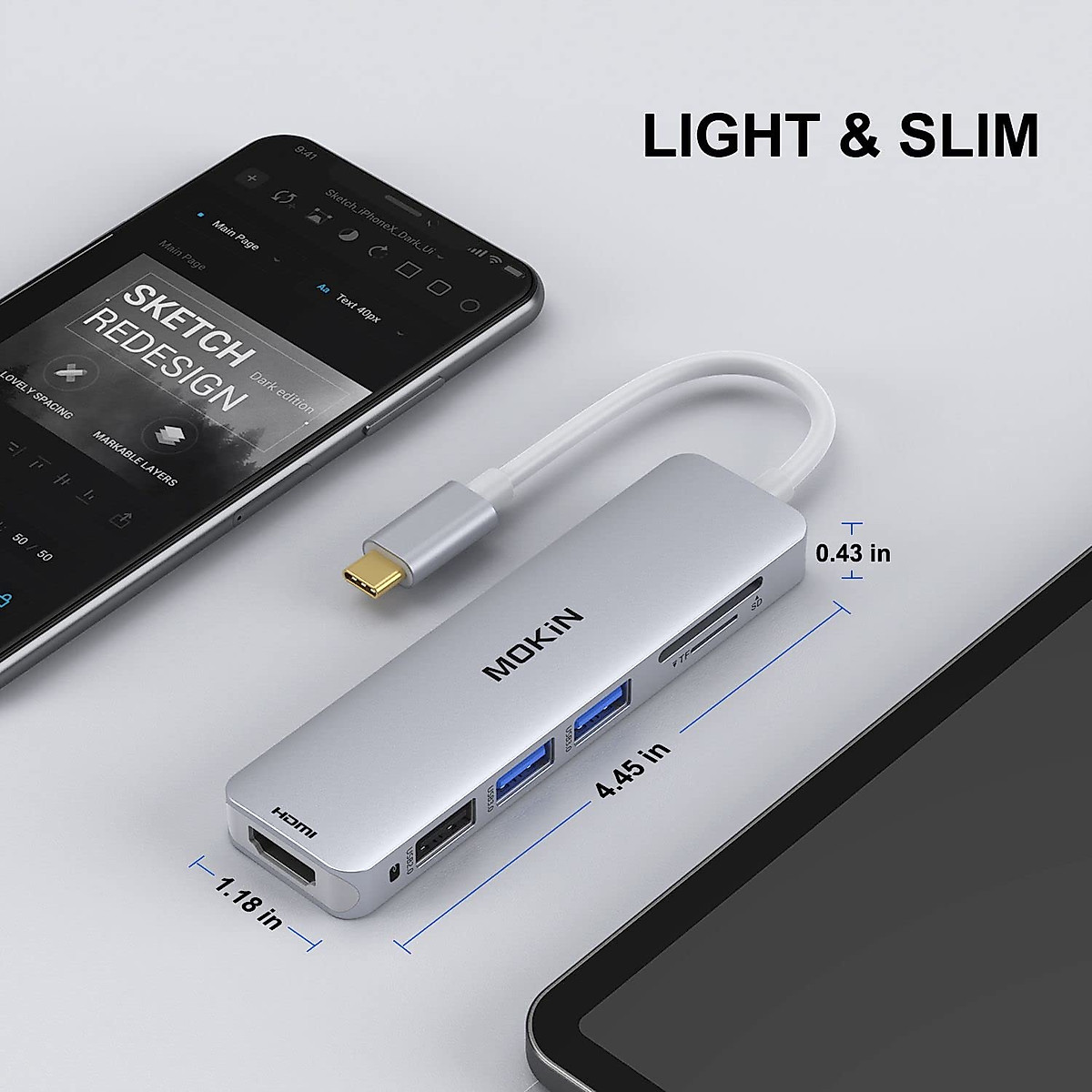 USB C Hub HDMI Adapter for MacBook Pro 2019/2018/2017, MOKiN 5 in 1 Dongle USB-C to HDMI, Sd/TF Card Reader and 2 Ports USB 3.0