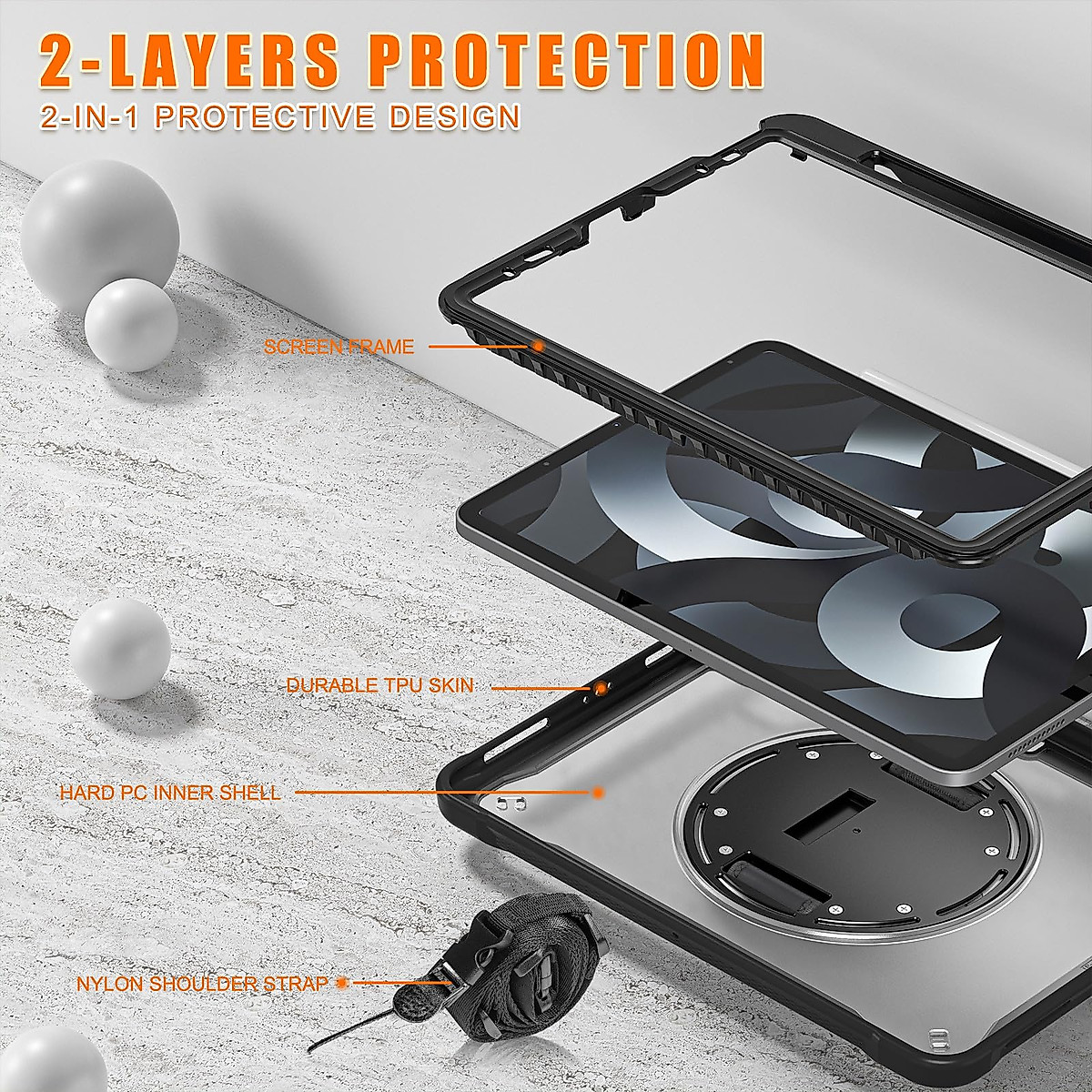 KYJX Tablet Case for iPad Pro 11 inch 2022/2021/2020/iPad Air 5th/4th, 360 Rotating Hand Strap Stand Heavy Duty Protective Cover with Shoulder Strap (Black)