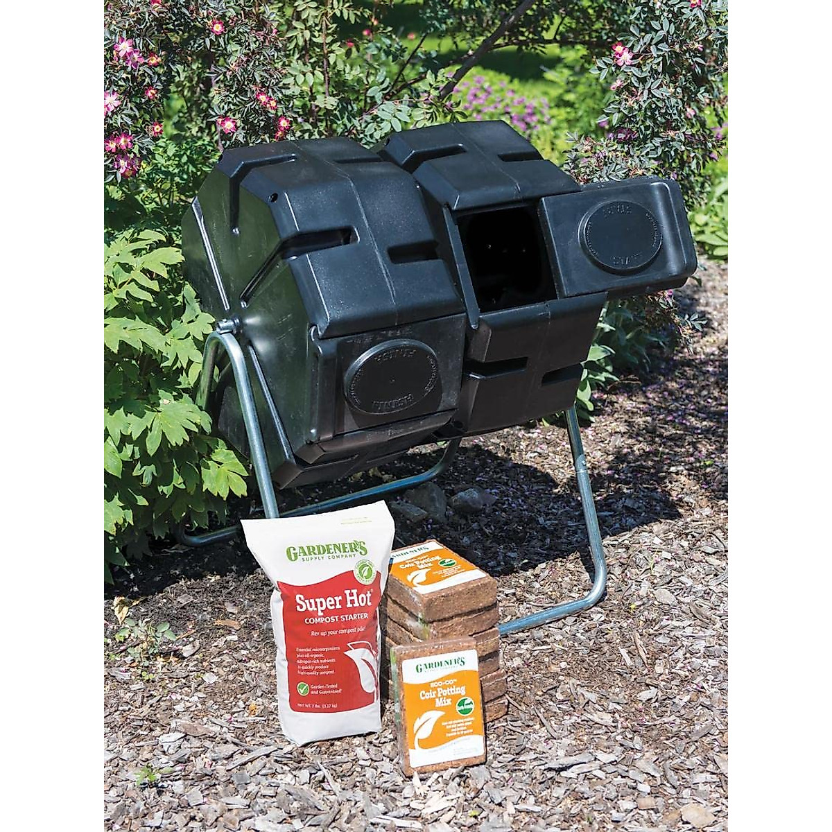 Gardeners Supply Company Compost Tumbler Success Kit | Heavy Duty Dual Rotating Batch Compost Bin Organic Waste Tumbling Mixer | Includes Super Hot Compost Starter & Eco Coir Potting Mix Bricks