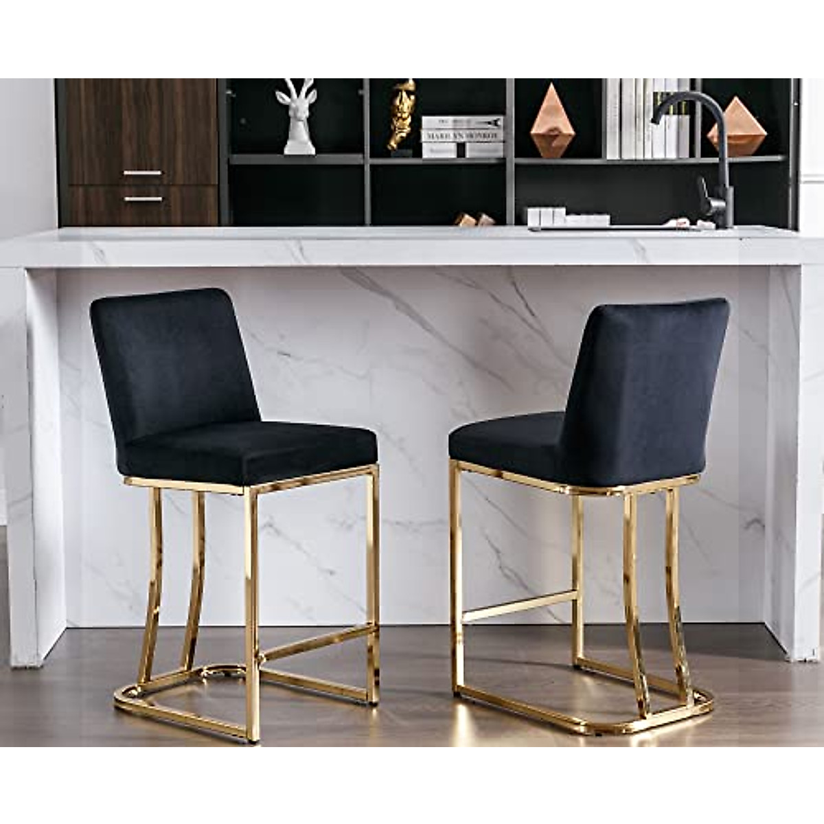 VESCASA 24" H Counter Height Barstools with Back, Mid Century Modern Velvet Upholstered Counter Stool Chairs with Gold Metal Frame for Kitchen Island, Bar, Pub, Set of 2, Black