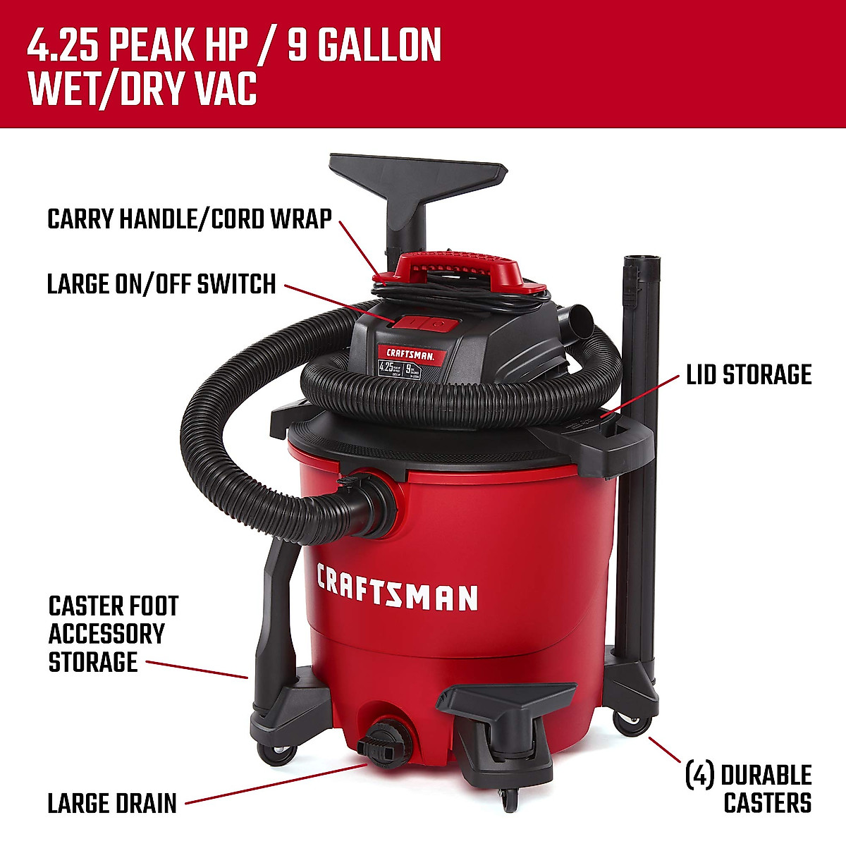 CRAFTSMAN CMXEVBE17590 9 Gallon 4.25 Peak HP Wet/Dry Vac, General Purpose Portable Shop Vacuum with Attachments