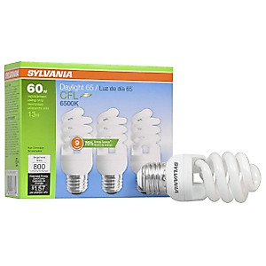 SYLVANIA CFL T2 Twist Light Bulb, 60W Equivalent, Efficient 13W, 800 Lumens, 6500K, Daylight - 3 Pack (26378)