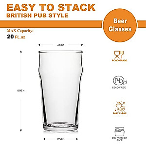 Pint Glasses,20oz British Beer Glass,Classics Craft Beer Glasses,Premium Beer Glasses Tumbler Set of 4, Pub Beer Glasses,Unique Design Beer Glasses Easy Stacking in The Cupboard