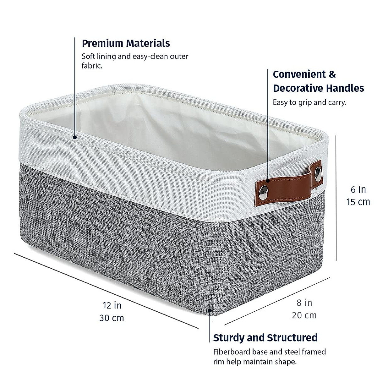 OrganiHaus Small Fabric Storage Bins for Shelves 3 Pack | 12x8in Closet Storage Bins for Shelves | Cloth Baskets for Organizing | Linen Closet Organizers | Fabric Basket - Gray/White