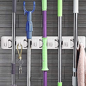 Tangkula Wall Mount Mop Broom Holder, Hanging Broom Organizer w/ 5 Slots & 6 Hooks, Home Storage Organizer Rack, Hanging Utility Rack for Home, Kitchen, Garage, Laundry (White)