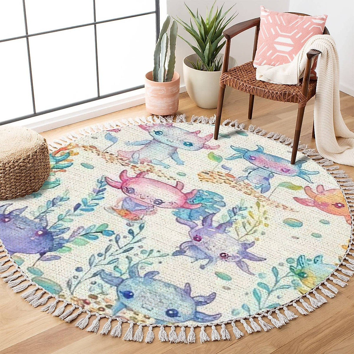 Round Rugs Watercolor Cute Axolotl Characters Boho Area Rug Linen and Cotton Carpet Meditation Rug Washable Hallway Runner Mat Accent Rug for Bedroom Nursery Kids Room 6ft