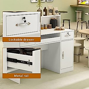 AIEGLE Reception Desk with Counter, Retail Counter with Lighted Display Shelf & Lockable Drawers, for Salon Reception Room Checkout Office, White (47.2" W x 19.7" D x 39.2" H)