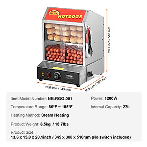 VEVOR Hot Dog Steamer, 28.5QT, 2-Tier Hot Dog Hut Steamer, 86℉~185℉ Temperature Control, Electric Bun Warmer with Tempered Glass Slide Doors Partition Plate Tong, Stainless Steel, for Hot Dogs & Buns