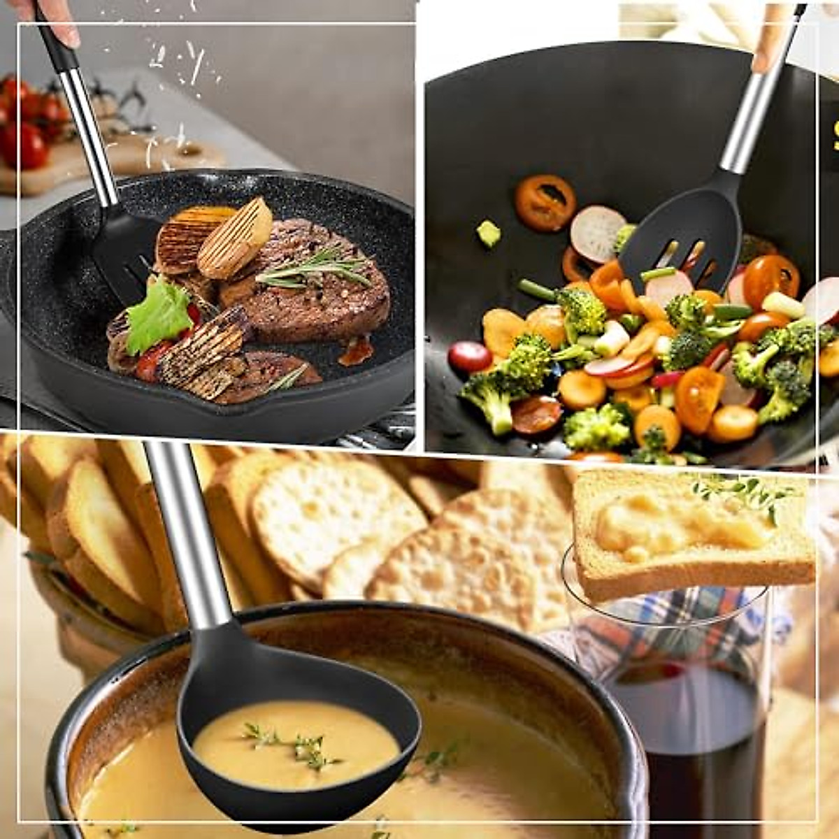 FONGLUAN Kitchen Utensils, Set of 5, Silicone Cooking Utensils Set with Stainless Steel Handle, Turner/Spatula, Spoon, Ladle, Whisk, Masher, Heat Resistant, Nonstick Cookware, Dishwasher Safe, Black