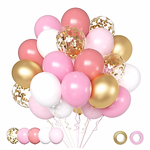 Pink and Gold Confetti Balloons Set, 50pcs 12 inch Light Pink Baby Pink White Gold Party Balloons with Ribbons for Girl Birthday Wedding Baby Shower Bridal Shower Graduation Party Decoration