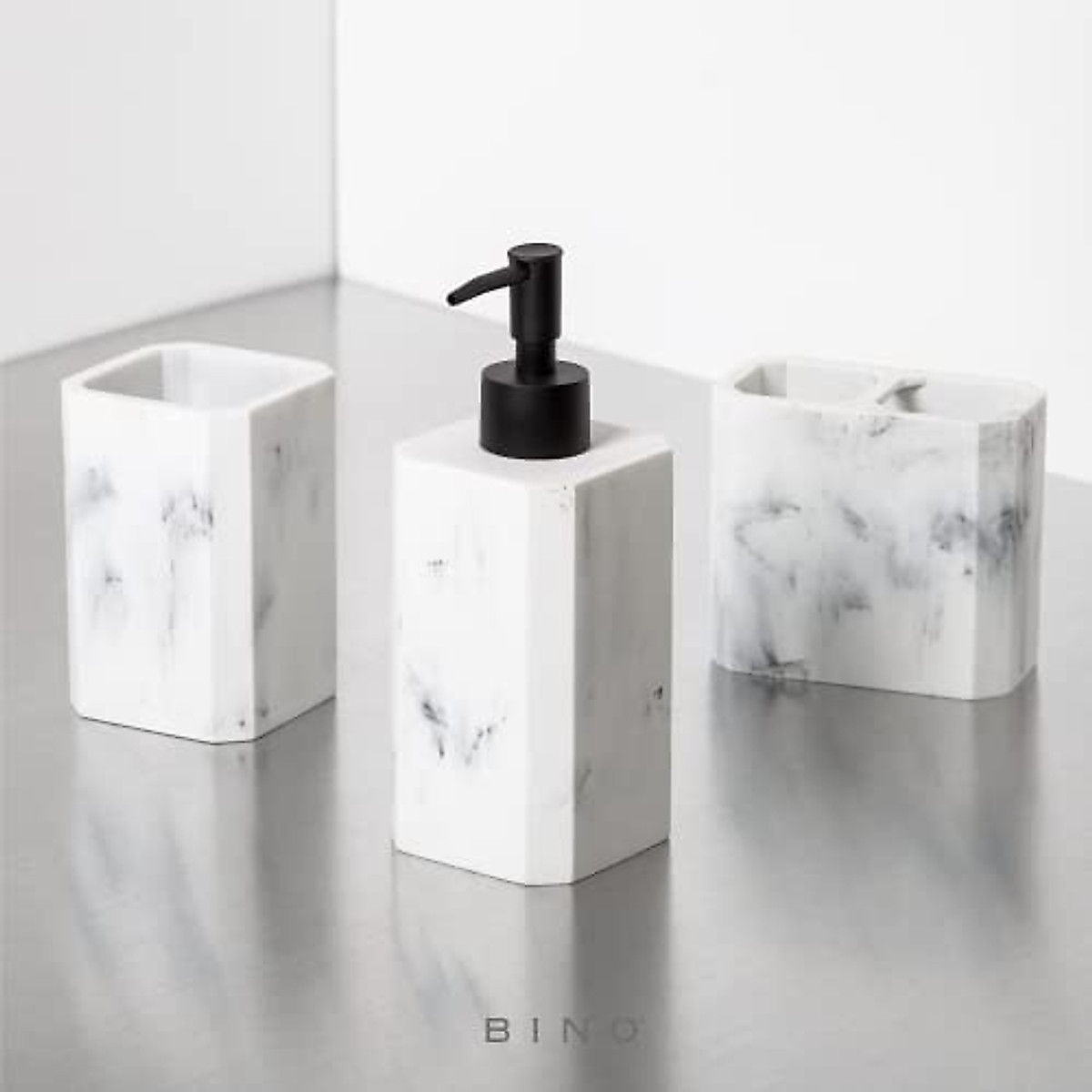 BINO Bathroom Accessories Set - Matte Marble | Soap Dispenser | Toothbrush Holder | Tumbler | 3-Piece Bathroom Organizer Countertop Set | Bathroom Decor | Home Decor | Bathroom Set