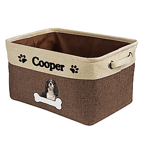 MALIHONG Personalized Dog Cavalier King Charles Spaniel Bone Decorative Storage Basket Fabric Rectangle Toy Box with 2 Handles for Organizing Closet Garage Clothes Blankets Brown and White
