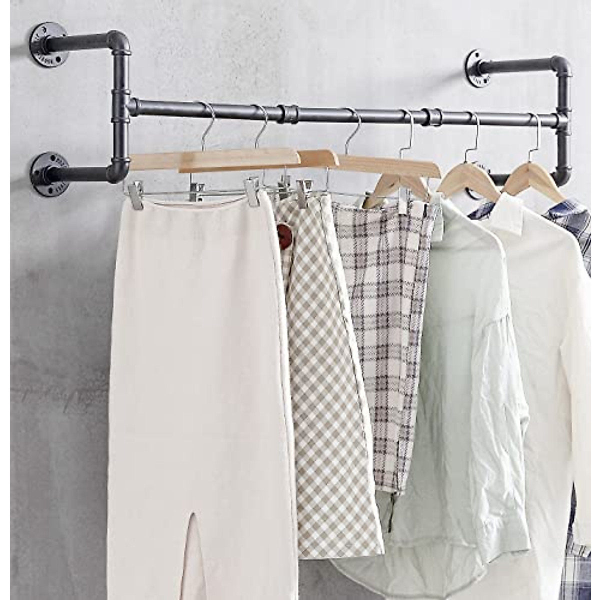 Industrial Pipe Clothes Racks, Wall Mounted Garment Racks, Space-Saving Display Hanging Clothing Racks, Heavy Duty Steampunk Detachable Multi-Purpose Hanging Rod for Closet Storage, Black (Black)