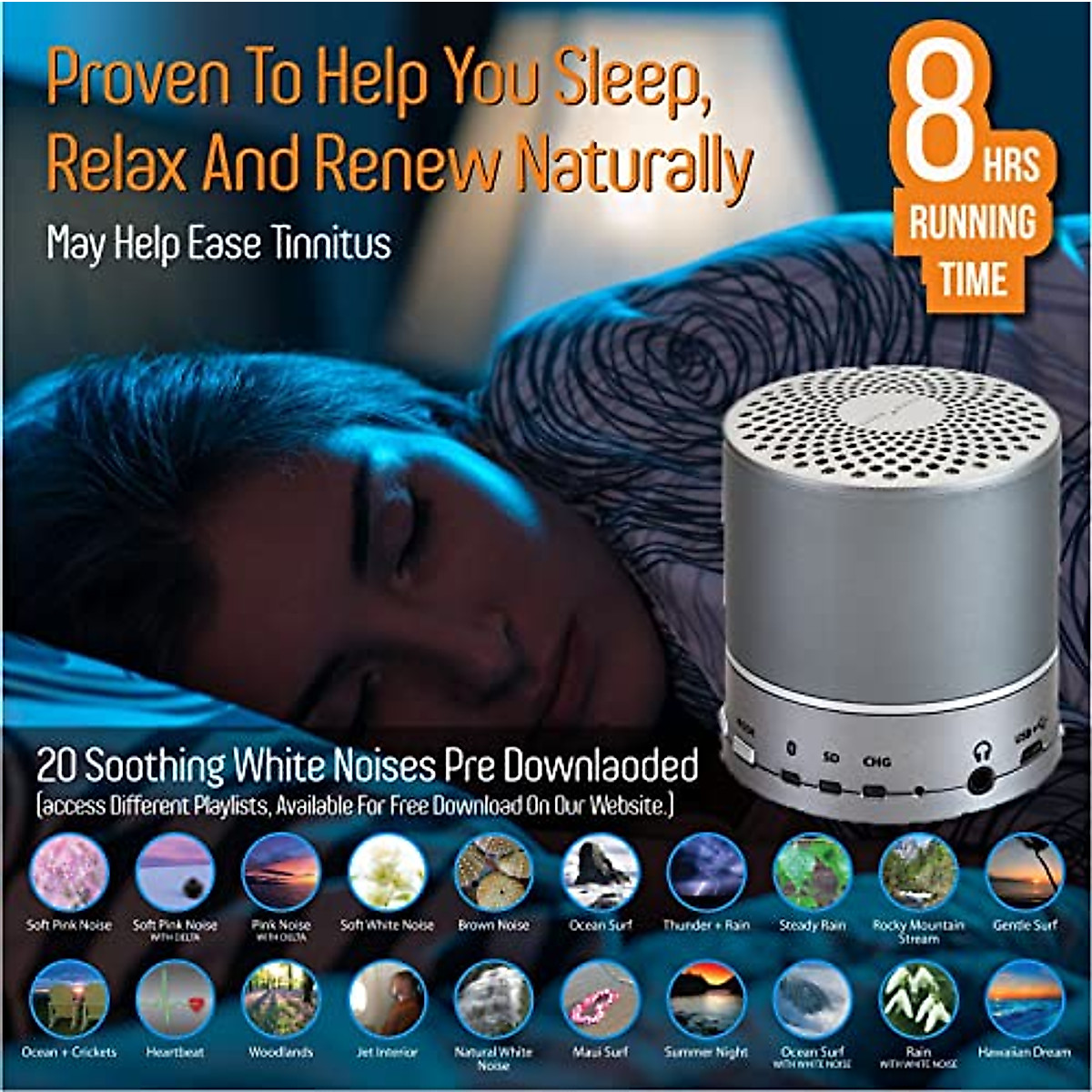 Sound Oasis Sleep Sound Machine, Bluetooth Speaker Big Bass Sound, Portable Home & Travel White Noise Machine, Relax and improve Sleep, 20 Built-in Non-Looping 8 hr Dr Developed Sleep, Tinnitus Masking, White Noise, Nature Sounds. Perfect for Sleep, Tinni