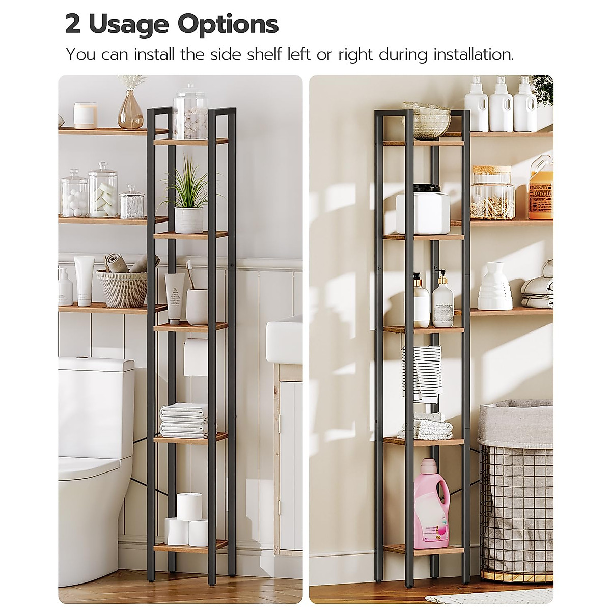 HOOBRO 8-Tier Over The Toilet Storage, Freestanding Bathroom Organizer Space Saver, Mass-Storage Side Storage Open Rack, for Bathroom, Living Room, Laundry, Rustic Brown and Black BF86TS01