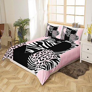 Leopard Print Duvet Cover Set Queen Size,Zebra Skin Texture Bedding Set 3Pcs,Kids Girls Teens Room Decor,Striped Fashion Comforter Cover,Pink Black White Love Printed Bedspreads Cover,2 Pillowcases
