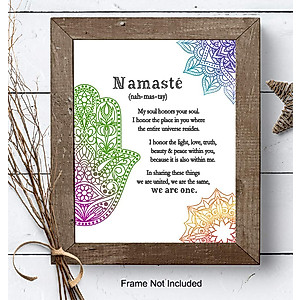 Zen Decor, Namaste Wall Decor, Buddha Wall Art - 8x10 Poster Print for Yoga Meditation Room, Spa Decoration - Spiritual Buddhist Gift With Hamsa Hand of Fatima, Mandala, Lotus