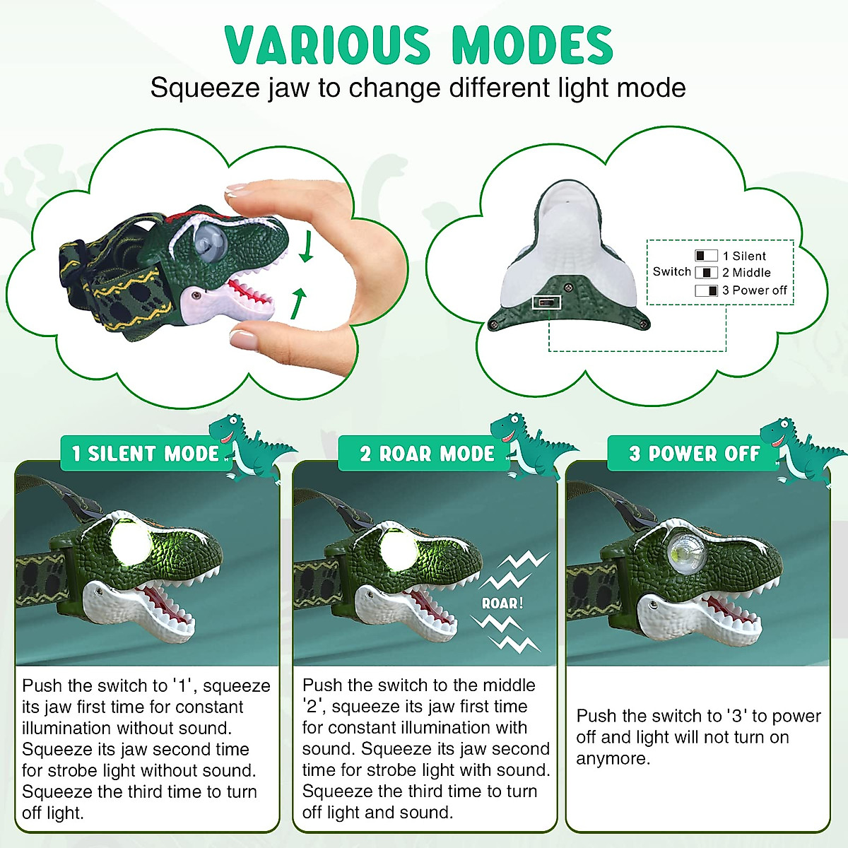 SEVENKA LED Headlamp for Kids, Outdoor Toy Head Lamp Flashlight for Boys Girls Toddler, 3.4oz Lightweight Headlight Camping Gear, Roar/Mute, Birthday Gift (Battery Included)