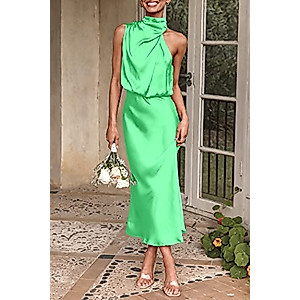PRETTYGARDEN Women's 2023 Summer Satin Dress Elegant Sleeveless Mock Neck Cocktail Party Maxi Dresses (Grass Green,Small)